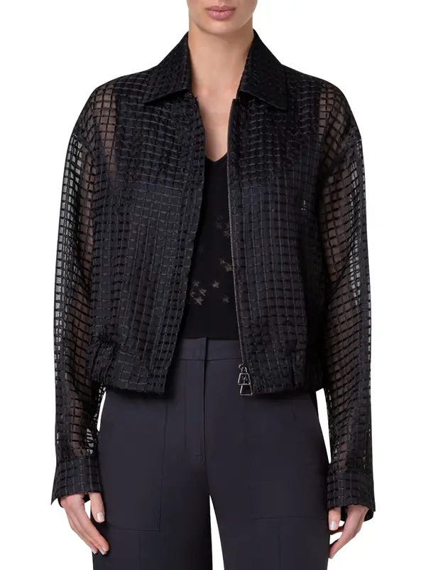 Akris Wanda Organza Short Jacket With Window Plaid Embroidery - Black