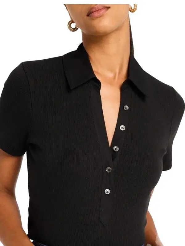 Veronica Beard Kearney Ribbed Polo Top - Black