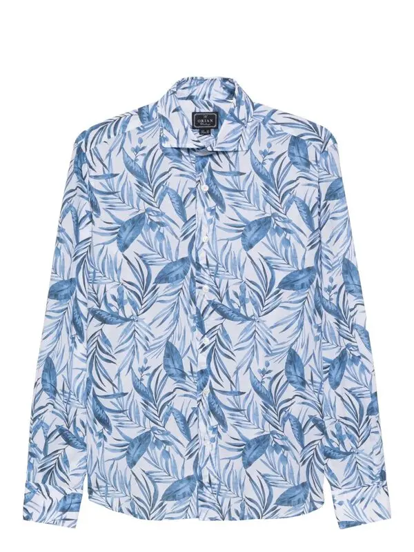 ORIAN Leaf-print Cotton Shirt - Blue