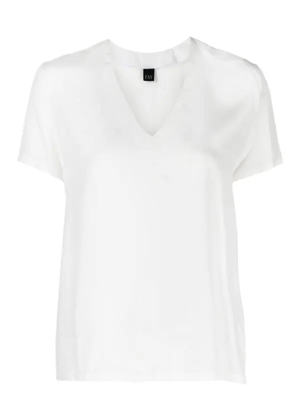 FAY V-neck T-shirt With Embroidered Logo - White