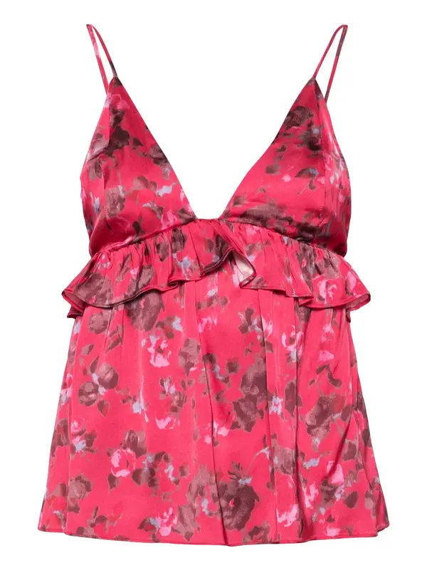 GANNI Floral-print Satin Top - Pink
