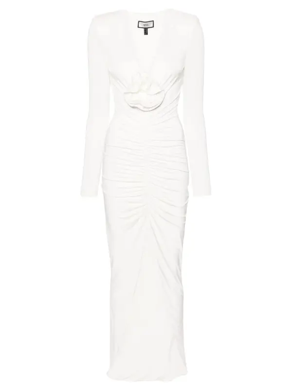 NISSA Rose-appliqué Ruched Maxi Dress - White