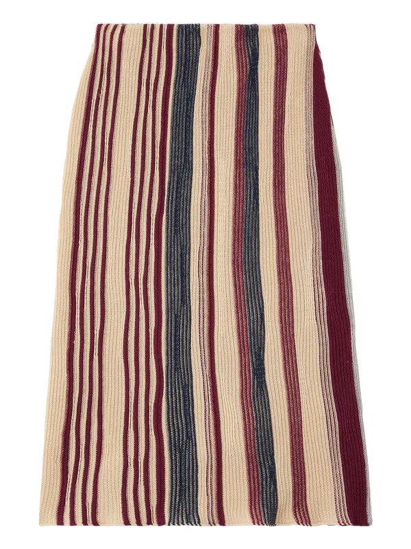 Bottega Veneta Striped Ribbed Linen And Cotton-blend Midi Skirt - Red