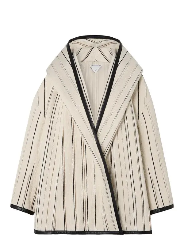 Bottega Veneta Oversized Leather-trimmed Striped Bouclé Coat - Off-white
