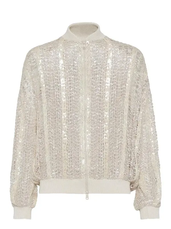 Brunello Cucinelli Dazzling Striped Net Embroidery Bomber Jacket - Oat
