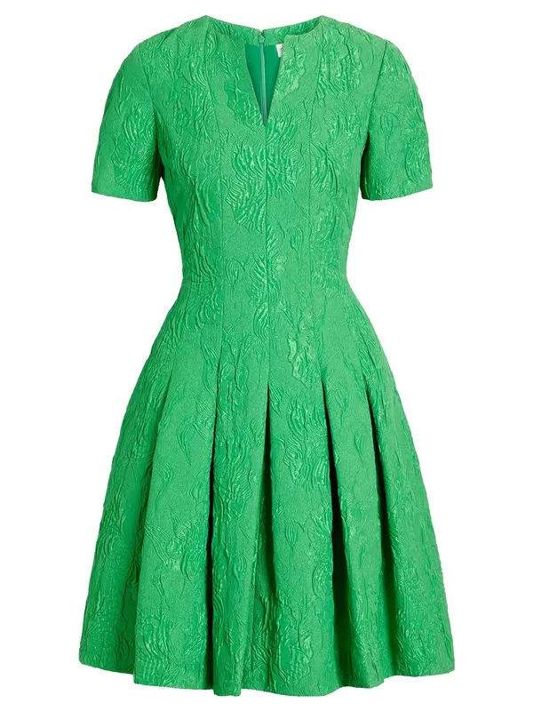 Oscar De La Renta Pleated Satin Cloqué Mini Dress - Green