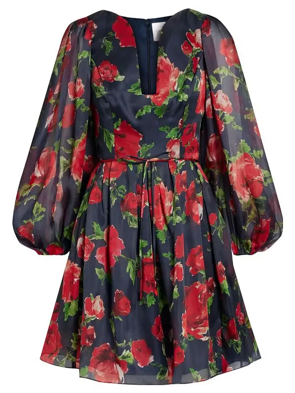 Carolina Herrera Bow-detailed Floral-print Silk-organza Mini Dress - Midnight Blue
