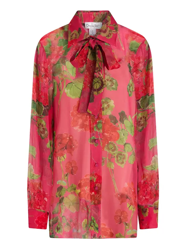 Oscar De La Renta Floral Silk Chiffon Pussy-bow Shirt - Fuchsia