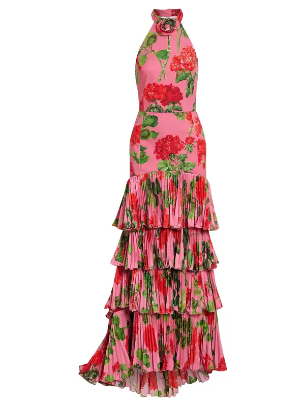 Oscar De La Renta Tiered Floral-print Halterneck Gown - Pink
