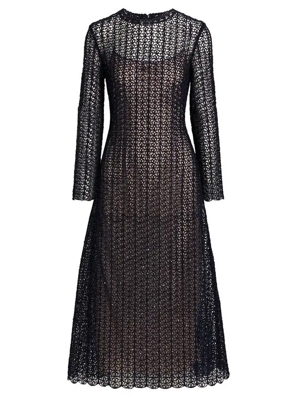 Oscar De La Renta Crocheted Cotton And Silk-blend Midi Dress - Navy