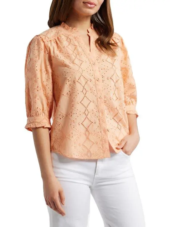 Wit & Wisdom Embroidered Eyelet Button-up Shirt - Peach Fuzz