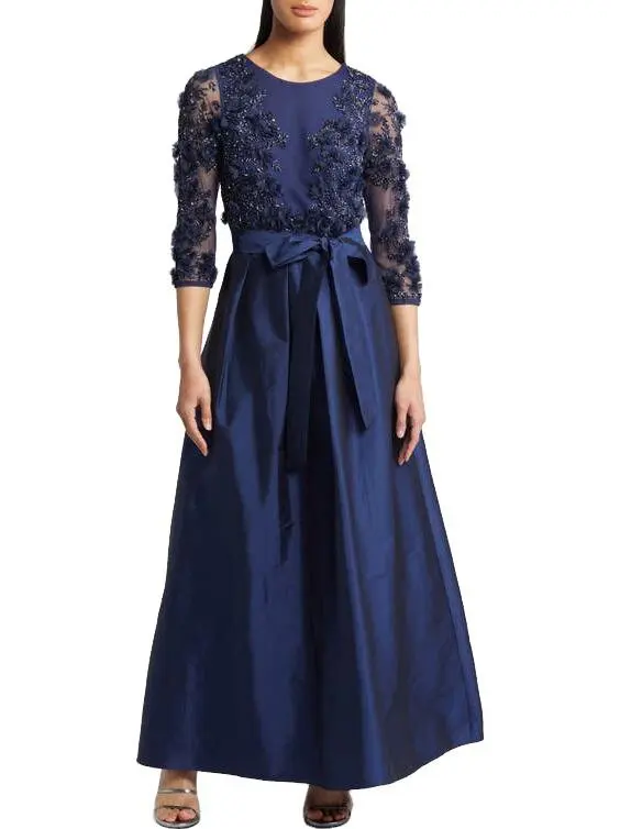 Pisarro Nights 3d Floral Beaded Taffeta Dress - Navy