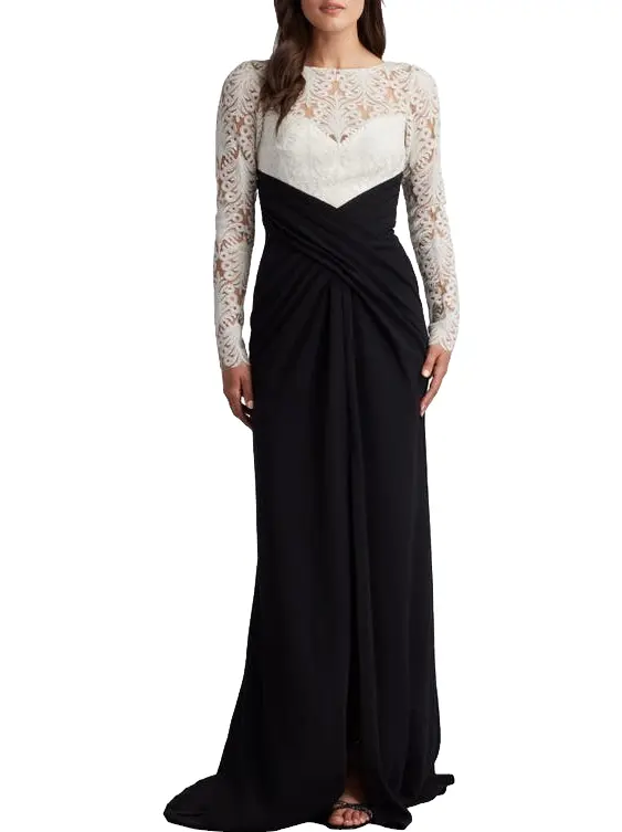 Tadashi Shoji Corded Lace & Crepe Gown - Ivory/black