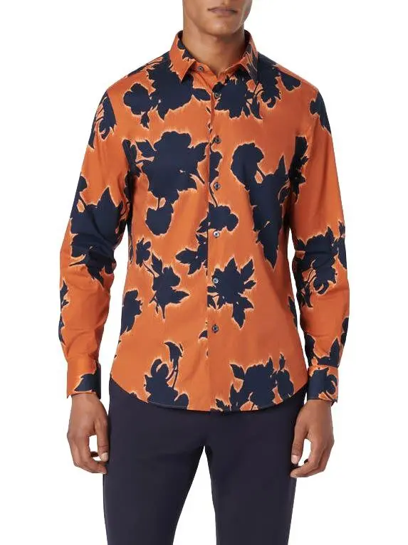 Bugatchi Julian Shaped Fit Floral Print Stretch Cotton Button-up Shirt - Burnt Orange