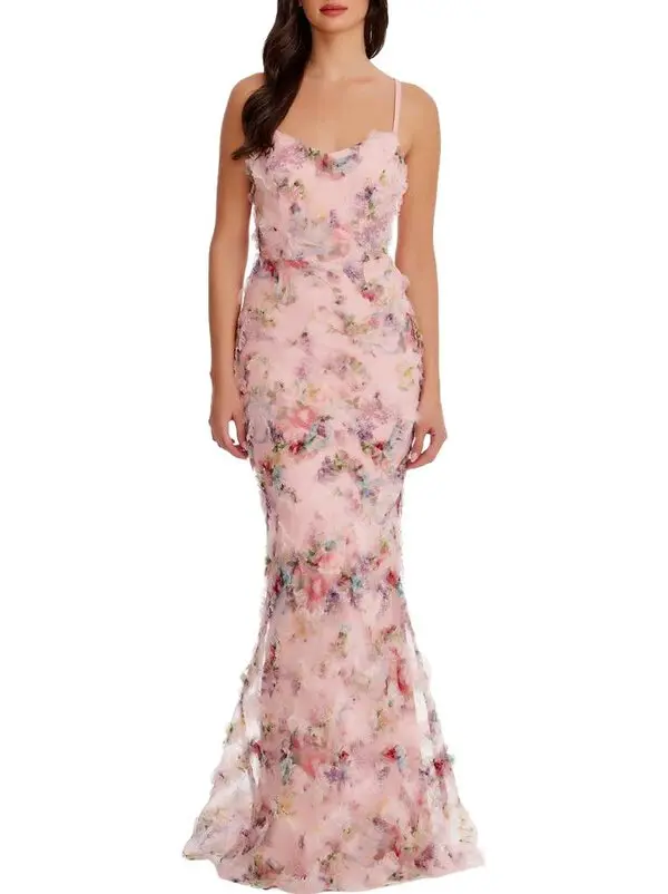Dress The Population Giovanna Floral Ruffle Mermaid Gown - Blush Multi