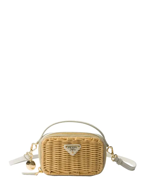 Prada Logo-plaque Woven-wicker Mini Pouch - Neutrals