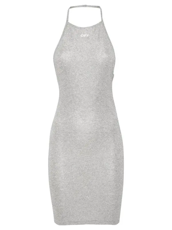 Off-White Ribbed-knit Lurex Halterneck Mini Dress - Silver
