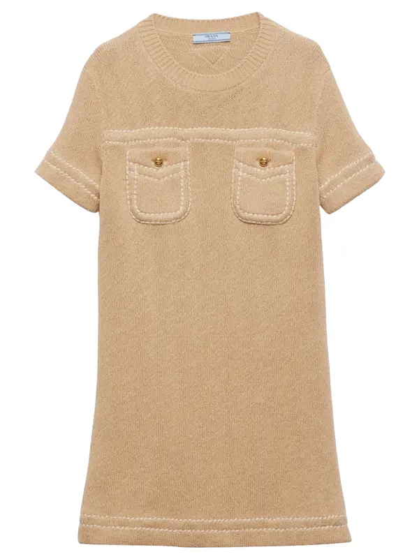 Prada Knitted Cotton Mini Dress - Neutrals