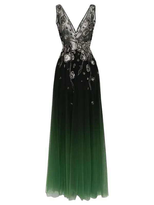 SAIID KOBEISY Gradient Printed Gown With Beading - Green