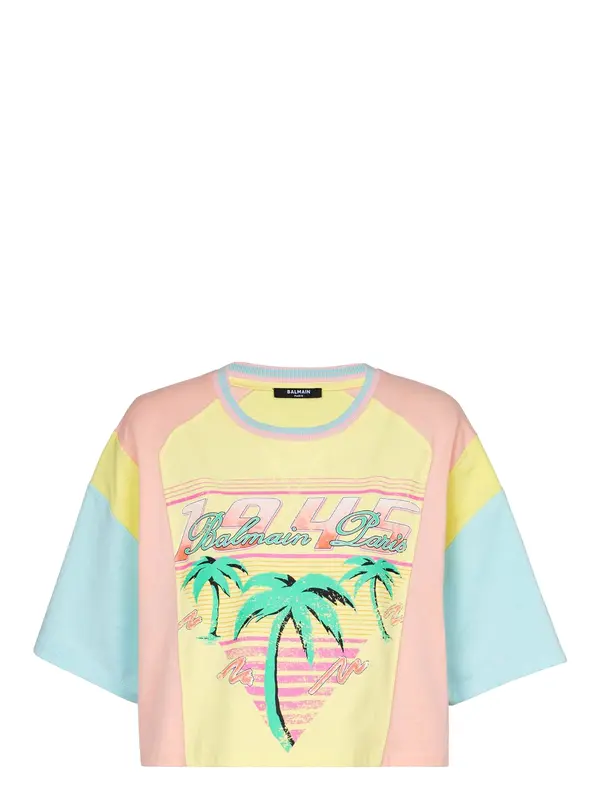 Balmain Palm Tree Print Cropped T-shirt - Yellow