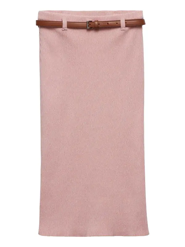 Prada Belted Ribbed Cotton Midi Skirt - Pink