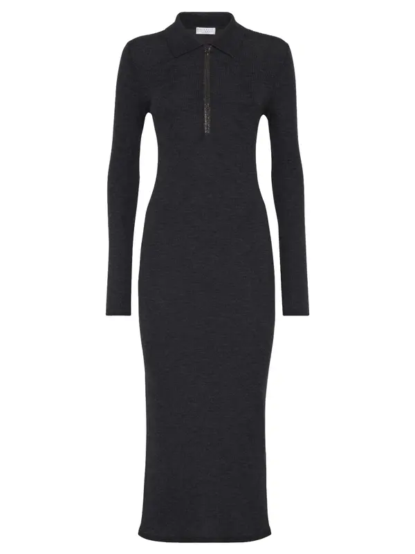 Brunello Cucinelli Ribbed Midi Dress With Monili Trim - Black