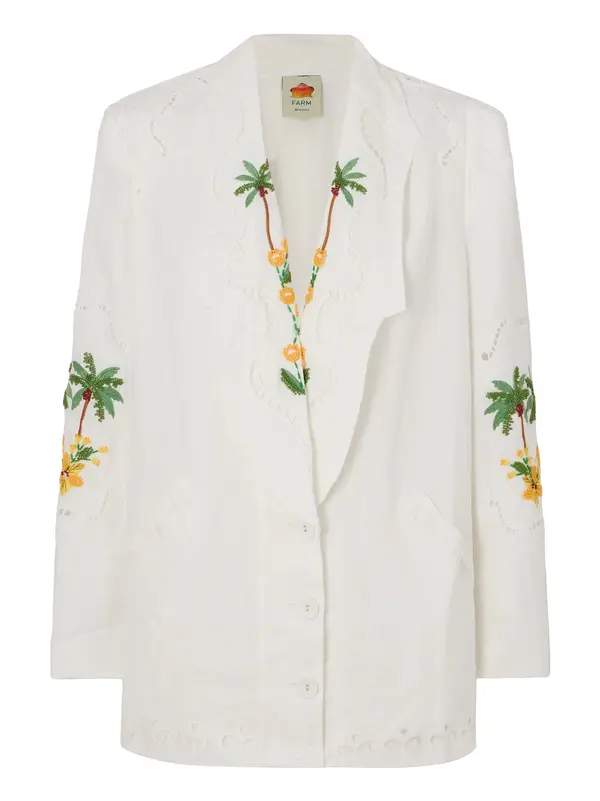 Farm Rio Bead-embellished Embroidered Linen Blazer - Off-white