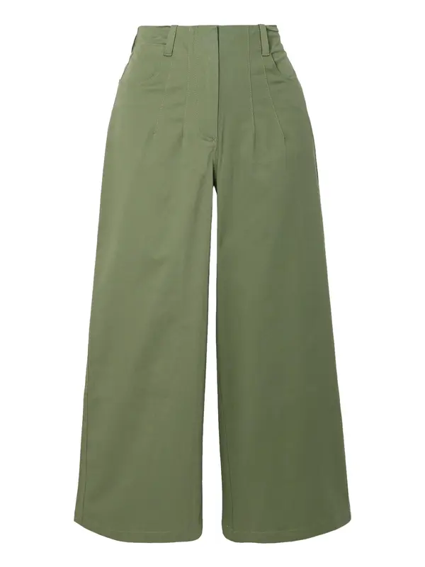 Staud Luca Cropped Wide-leg Twill Pants - Green