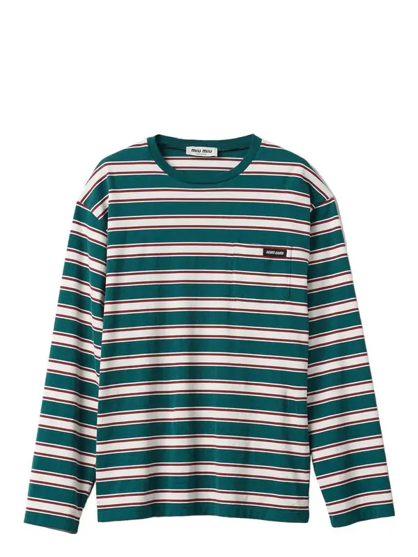 Miu Miu Long-sleeved Cotton Jersey T-shirt - Green/white/cognac
