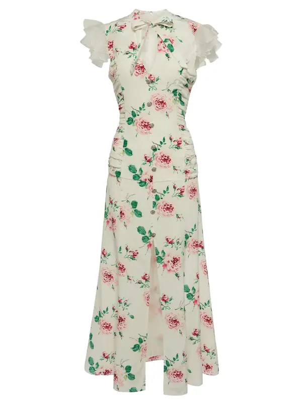 Alessandra Rich Floral Silk Midi Dress - White