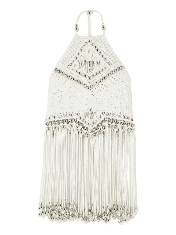 Rabanne Fringed Embellished Macramé Halterneck Top - White