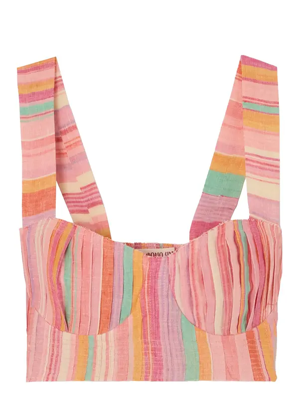 EMPORIO SIRENUSE Dalia Frayed Pleated Striped Linen Bustier Top - Pink