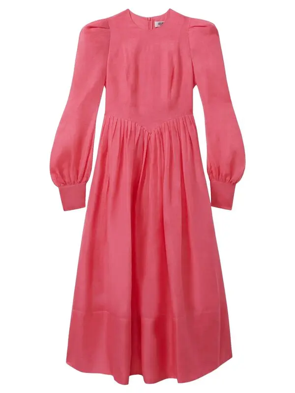 LEO LIN Jordana Silk-linen Bishop Sleeve Midi Dress - Watermelon
