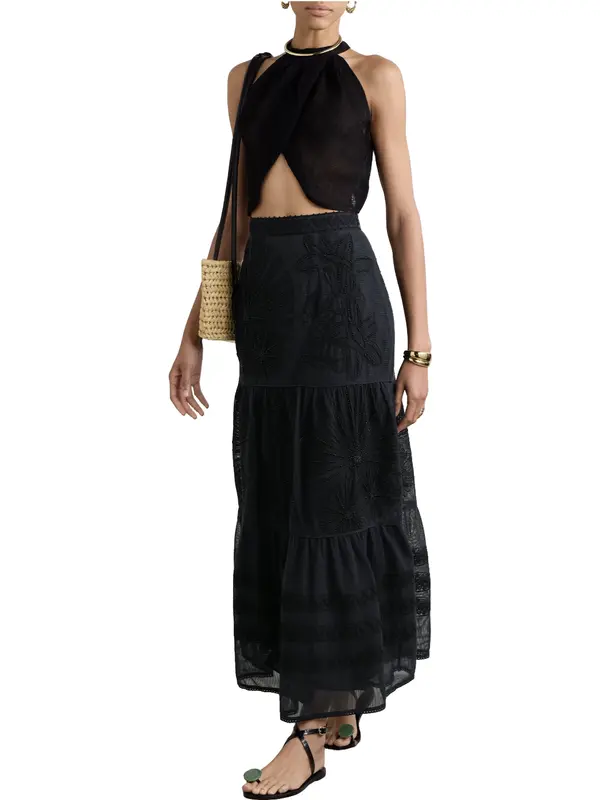 EMPORIO SIRENUSE Elda Tiered Embellished Embroidered Cotton-mesh Maxi Skirt - Black