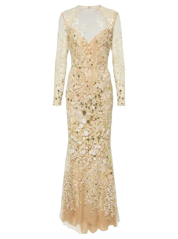 Elie Saab Atom Sequined Embroidered Tulle Gown - Beige