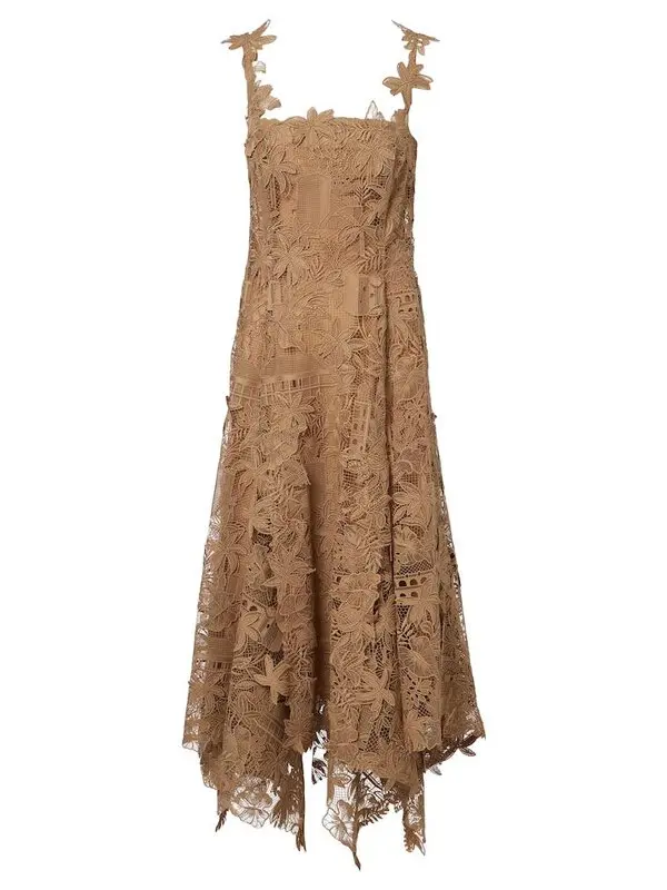 Oscar De La Renta Floral Guipure Lace Midi Dress - Brown