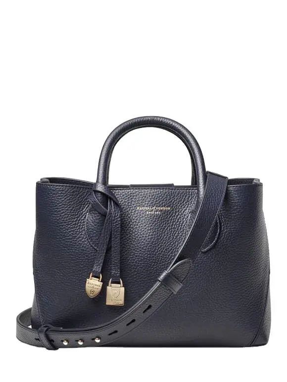 ASPINAL OF LONDON Midi London Tote In Pebble With Engravable Charm - Navy