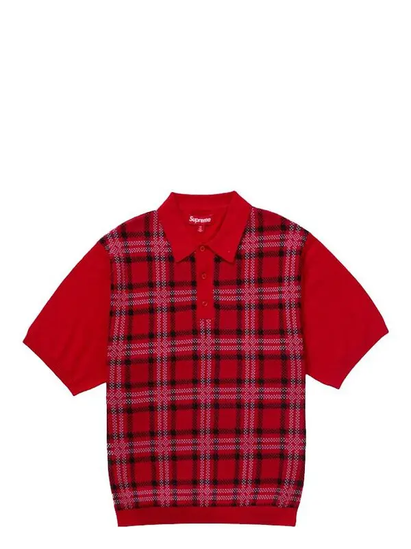 Supreme Plaid Knit Short Sleeve Polo Shirt - Red