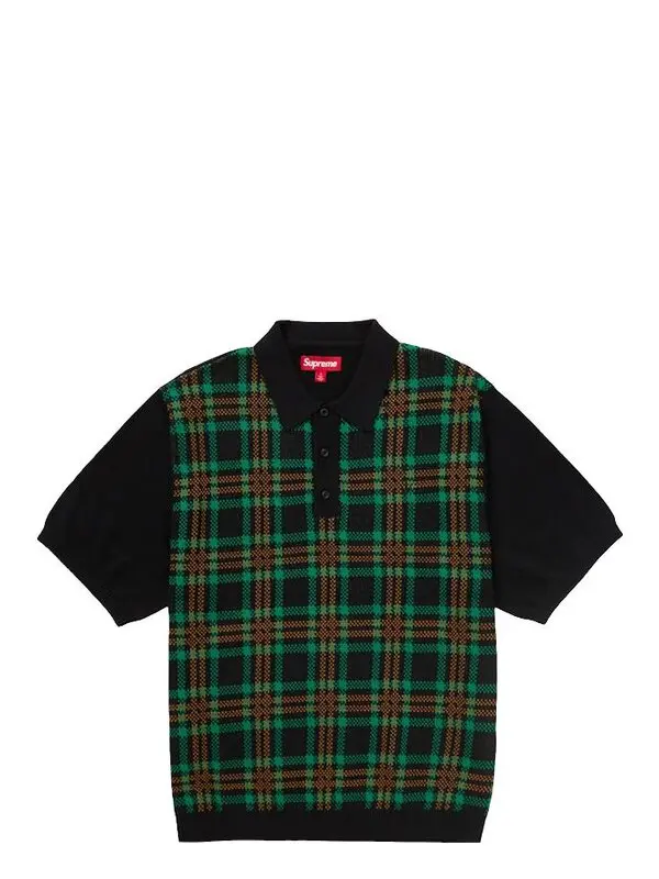 Supreme Plaid Knit Short Sleeve Polo Shirt - Black
