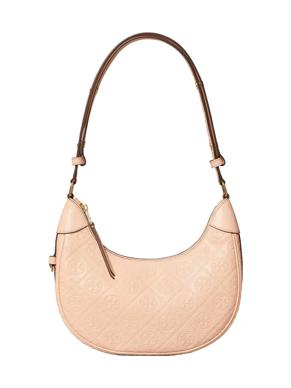 Tory Burch T-monogram Embossed Crescent Shoulder Bag - Blush