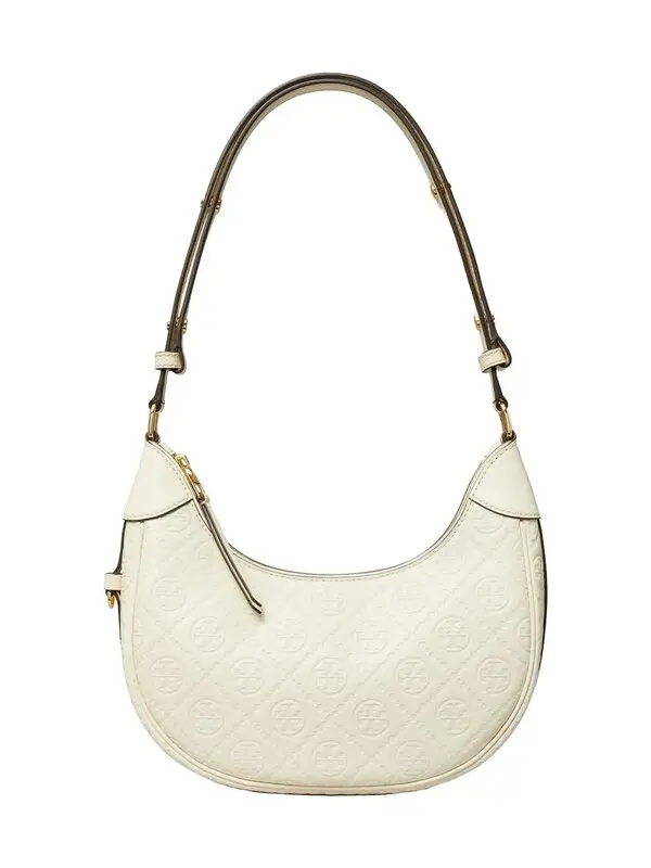Tory Burch T-monogram Embossed Crescent Shoulder Bag - Light Cream
