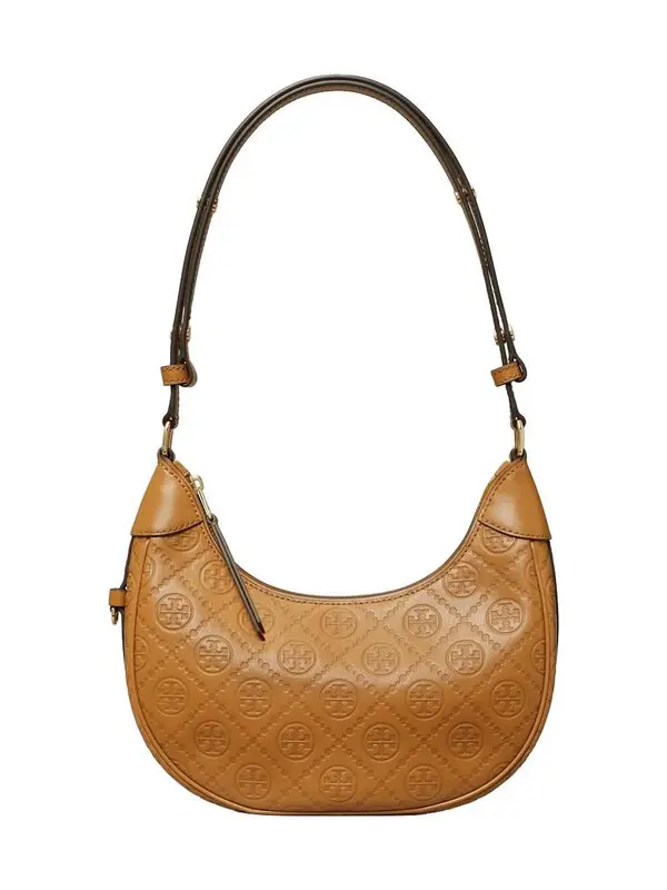 Tory Burch T-monogram Embossed Crescent Shoulder Bag - Tan