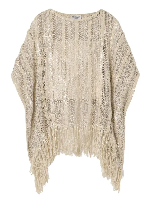 Brunello Cucinelli Fringed Sequin-embellished Open-knit Top - Neutrals
