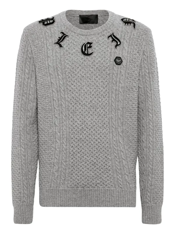 Philipp Plein Logo-appliqué Cable-knit Jumper - Grey