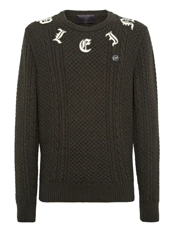 Philipp Plein Logo-appliqué Cable-knit Jumper - Green