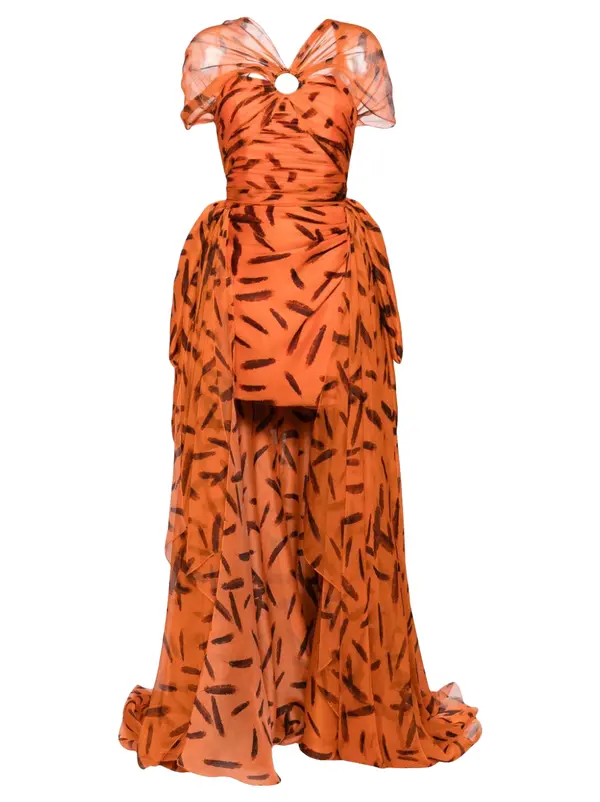ISABEL SANCHIS Feather-print Draped Silk Gown - Orange