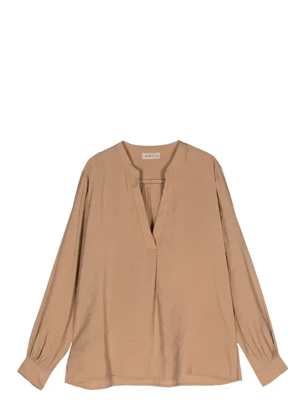 BLANCA VITA Band-collar Long-sleeve Blouse - Neutrals