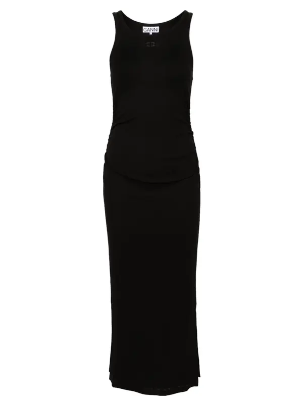 GANNI Logo-embroidered Ruched Midi Dress - Black