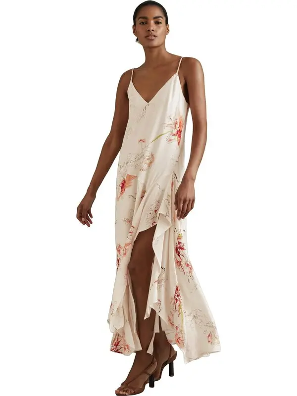 REISS Melody Floral Print Midi Dress - Ivory/coral