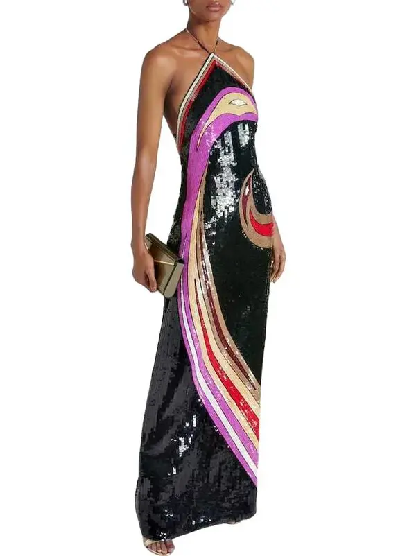 Emilio Pucci Sequined Printed Halterneck Gown - Black